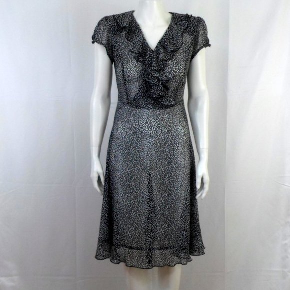 MSK | Dresses | Msk Dress Sheer Black White Animal Print Ruffle Neck ...